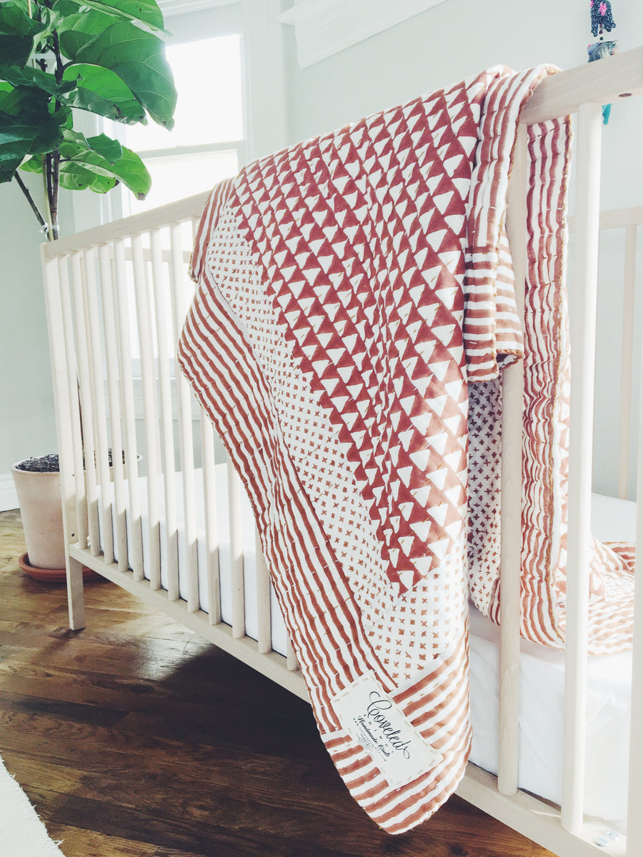 Handmade Embroidered Quilt in Rust Pyramid | CovetedThings